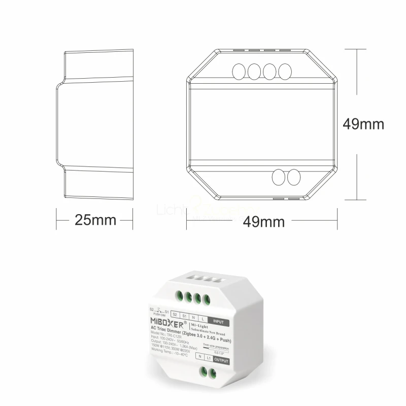 Dimmer triac Zigbee 3.0+2.4G+Push 300W, TRI-C1ZR - Led-Box.ro – led-box.ro