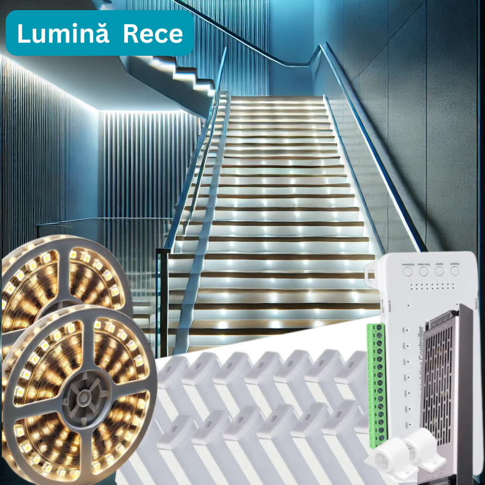 Kit Iluminat 16 Scari, Senzori, Banda LED, Sursa si Profile Aluminiu ...